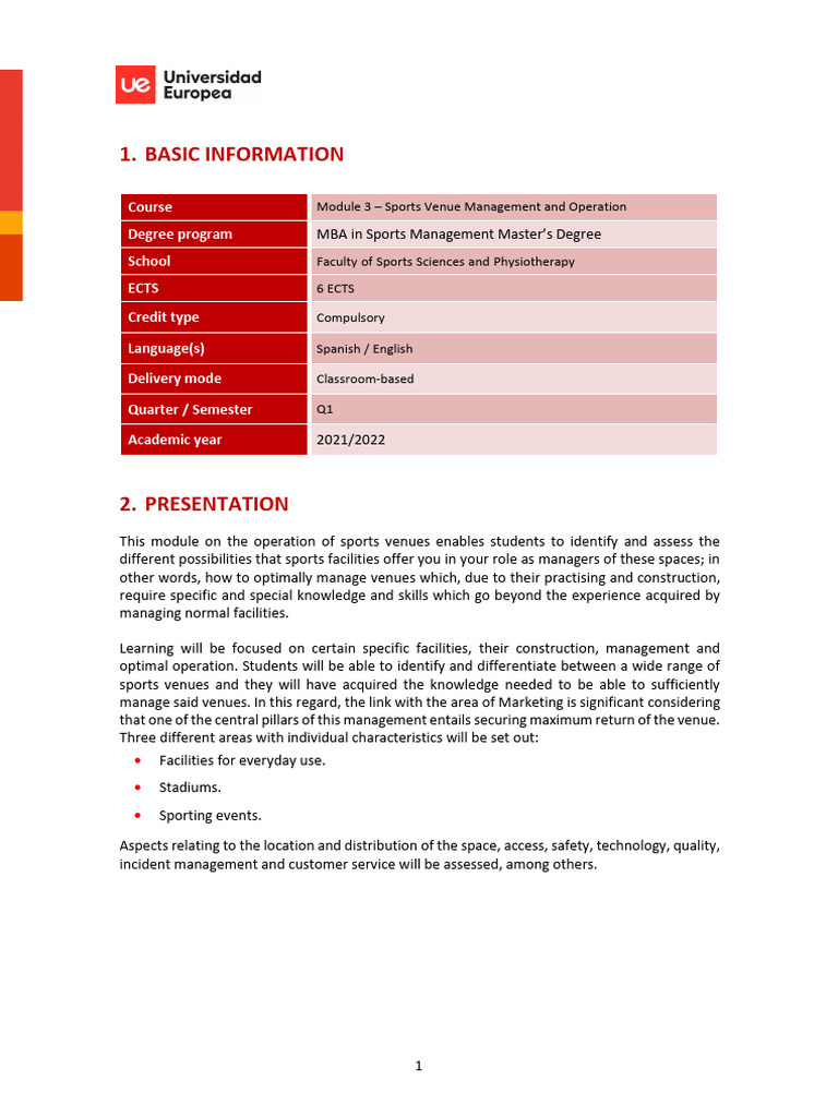 Sports Venue Management Course Overview | PDF | Knowledge | Learning
