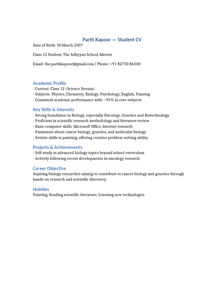Parth Kapoor Student CV | PDF