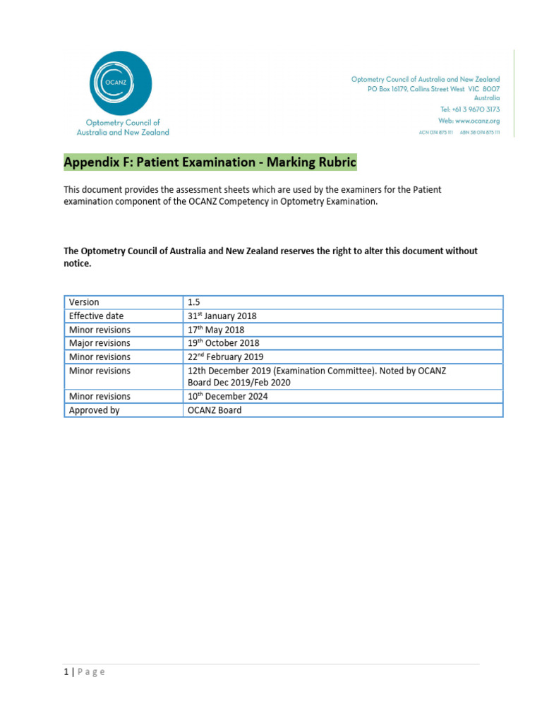 Appendix-F-Patient-Examination-Marking-Rubric-v1.5 | PDF | Medical ...