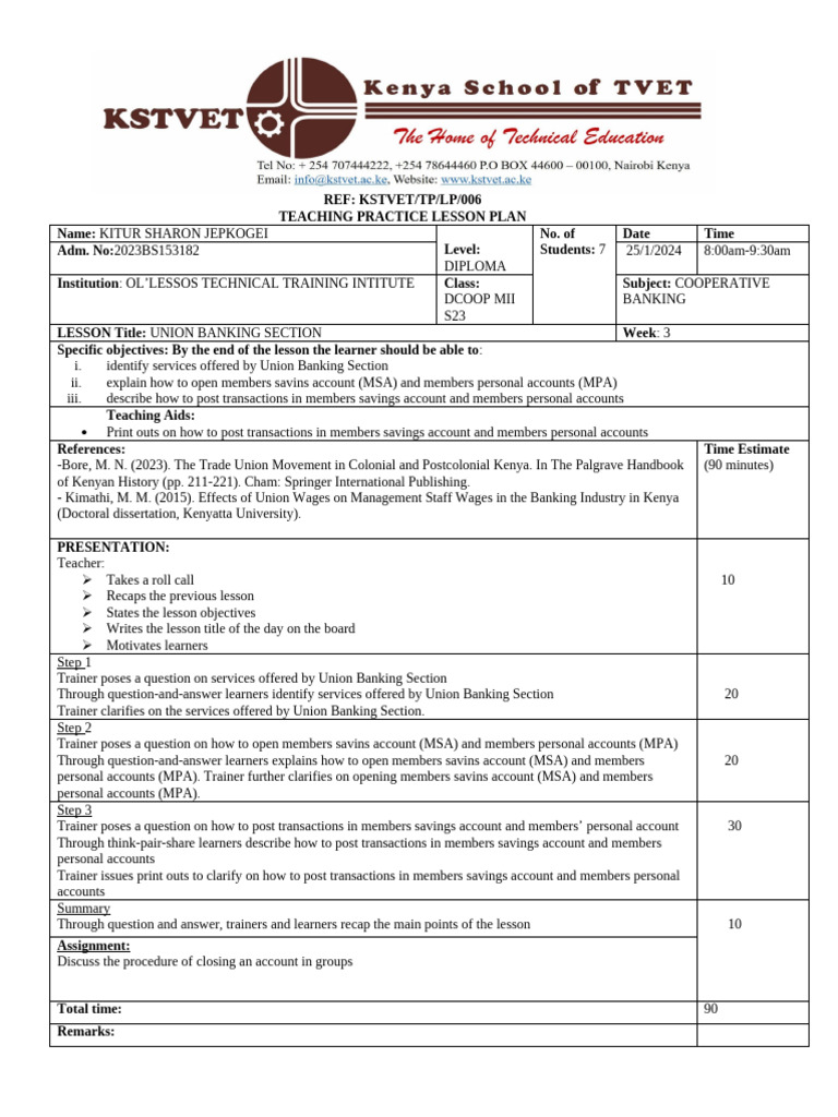 banking_lesson_plan_wk_3_(b)[1] | PDF | Teaching | Learning