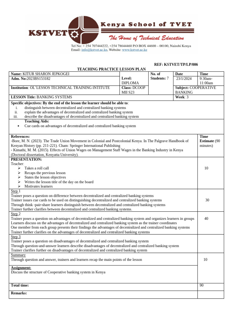 Banking Lesson Plan WK 3 (A) | PDF | Pedagogy | Teaching