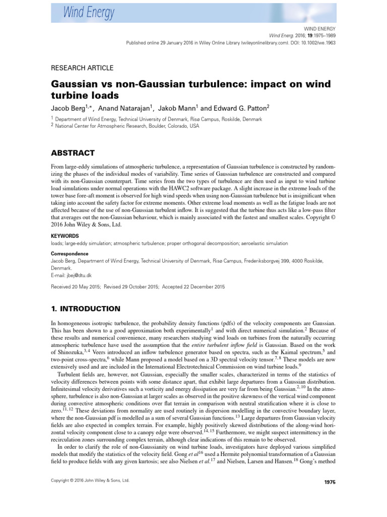 Wind Energy - 2016 - Berg - Gaussian Vs Non Gaussian Turbulence Impact On Wind Turbine Loads ...