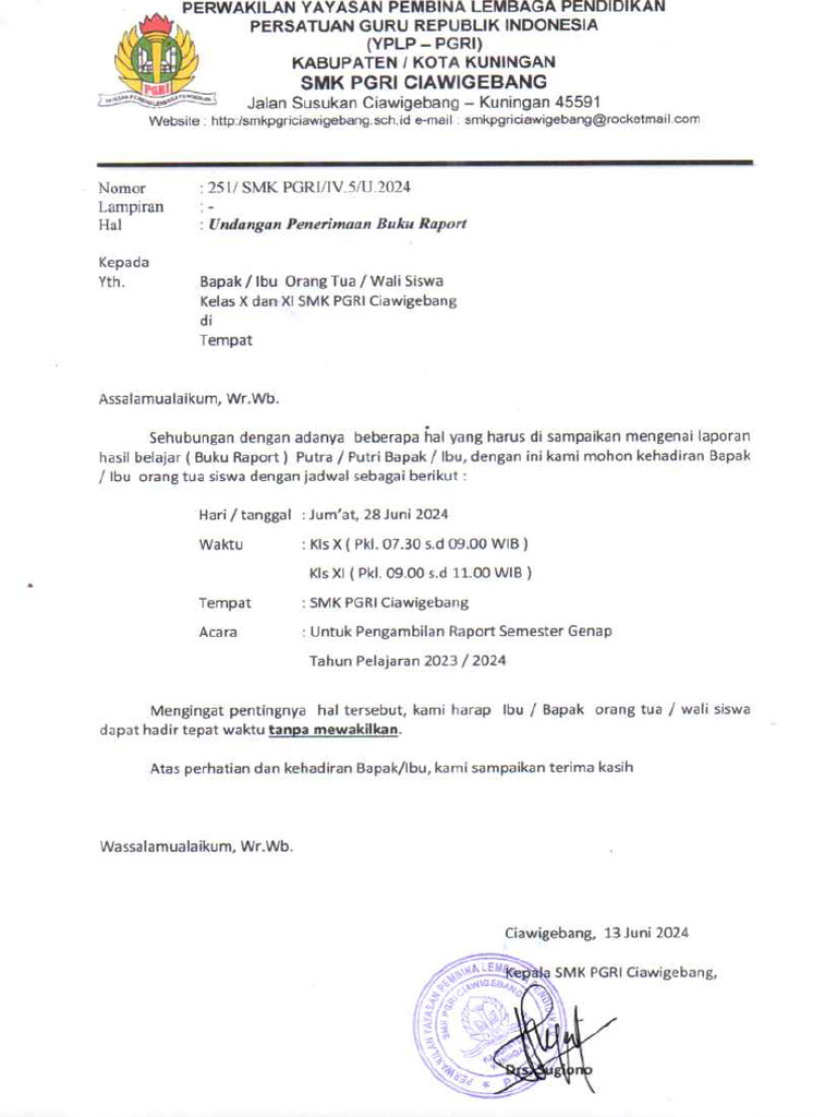 Surat Undangan Pembagian Raport 20240613 - 09112130 | PDF