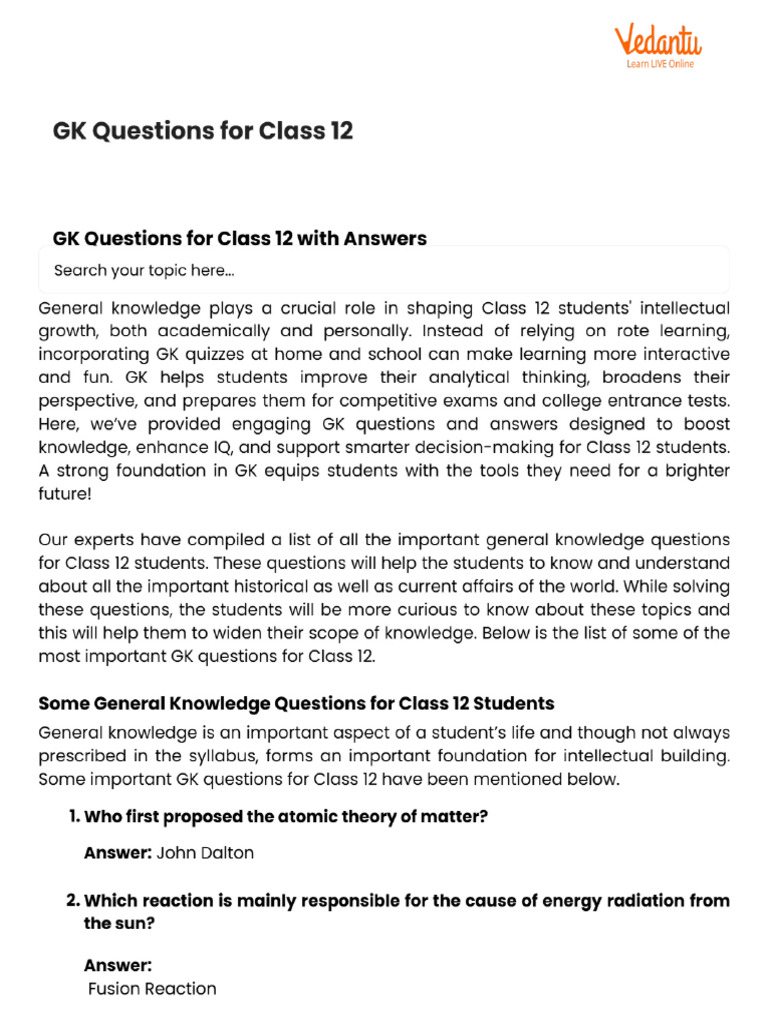 GK Questions For Class 12 | PDF
