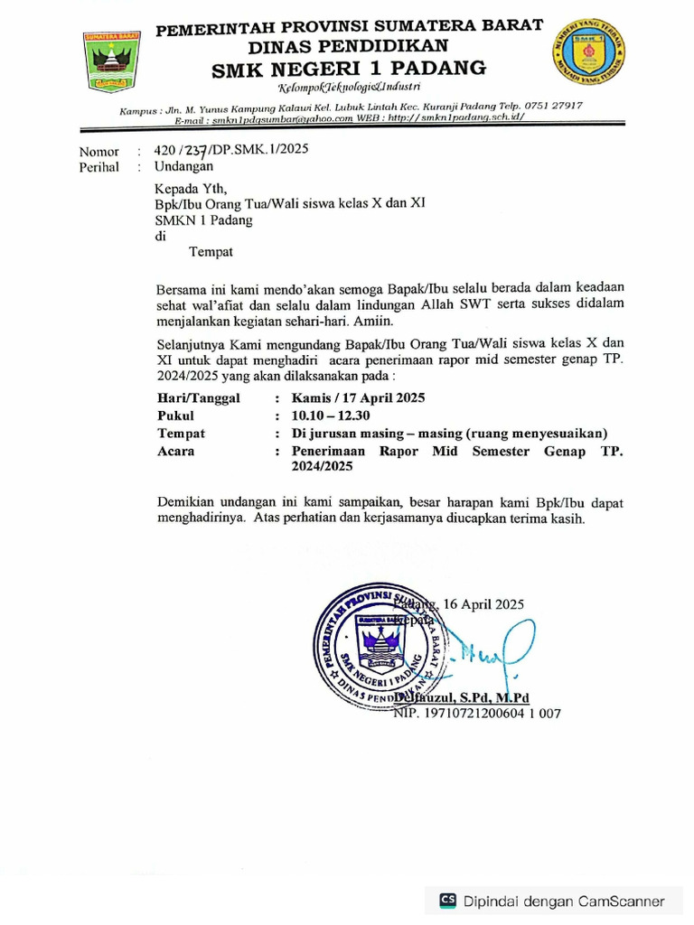 Undangan Penerimaan Rapor Mid | PDF