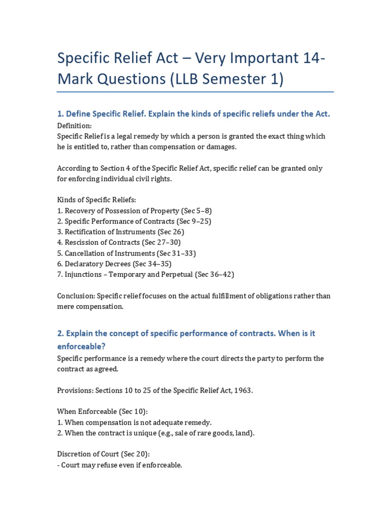 Specific Relief Act - 3 - Important - 14 Mark Answers | PDF | Legal ...