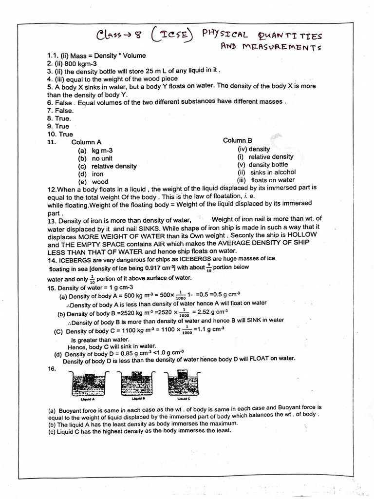 Class 8 Physical Quantities and Measurements Exam Sol | PDF