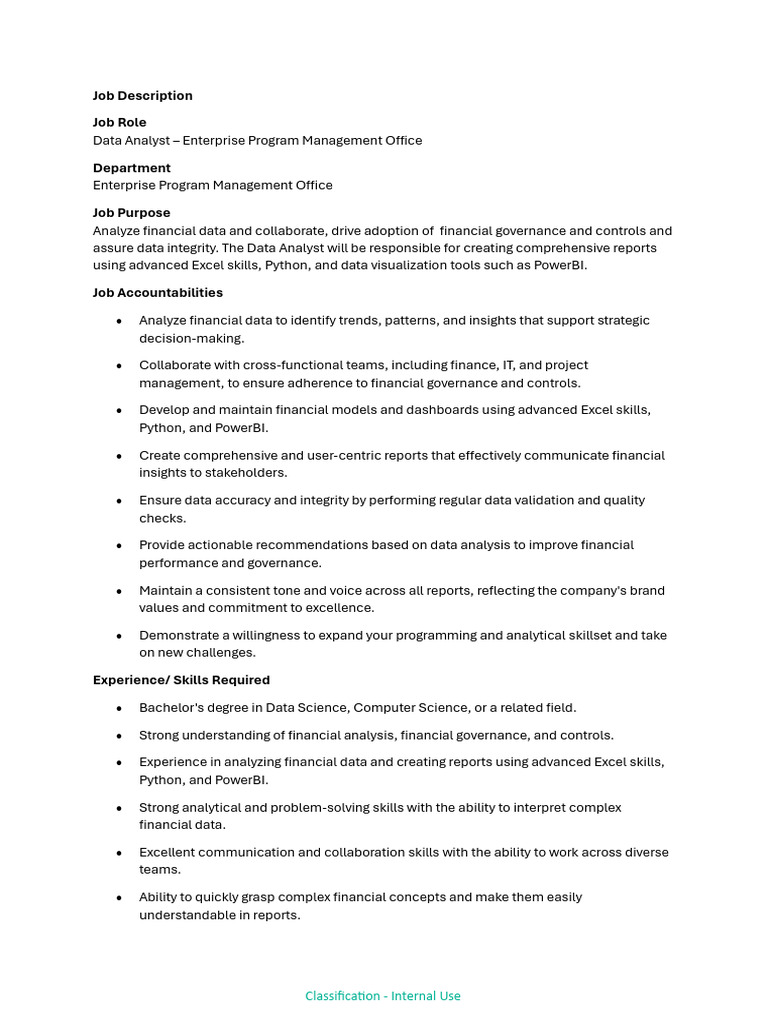 JD - EPMO Data Analyst | PDF | Data Analysis | Data