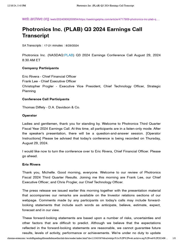 Photronics Inc. (PLAB) Q3 2024 Earnings Call Transcript - Reader View | PDF | Taxes