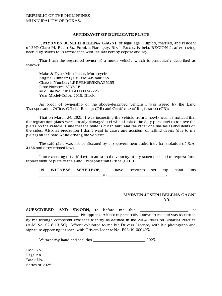 Affidavit of Duplicate Plate | PDF