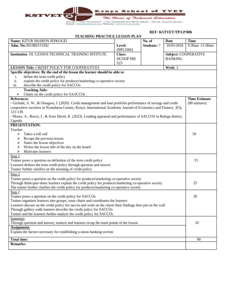 Coop Banking Lesson Plan wk2 (A) | PDF
