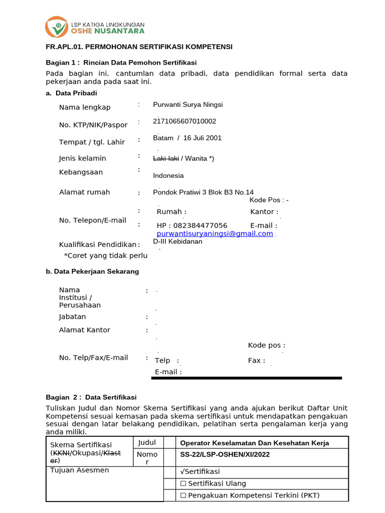 FR - APL.01 - PERMOHONAN - ASESMEN - OPERATOR - K3 - Purwanti Surya Ningsi | PDF