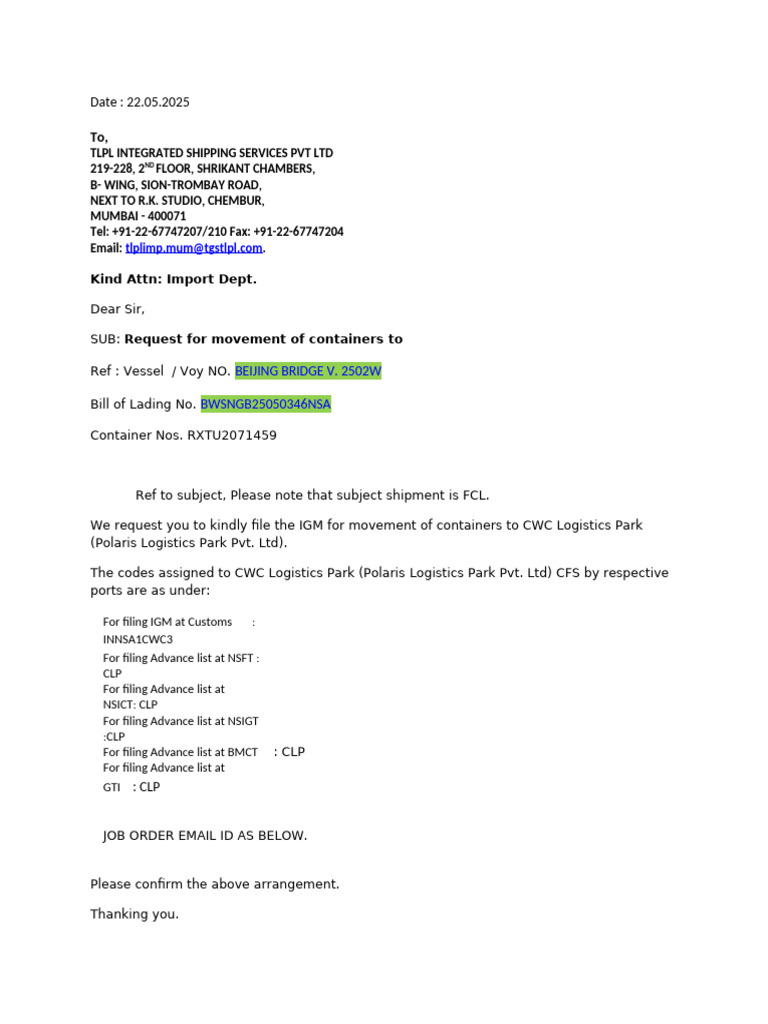 TLPL Integrated Consignee Request Letter | PDF