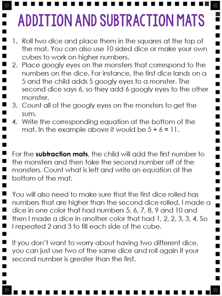 Silly Monster Addition and Subtraction Mats | PDF