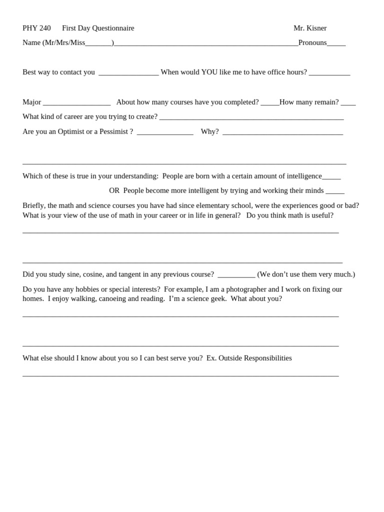 First Day Questionnaire PHY 240 | PDF