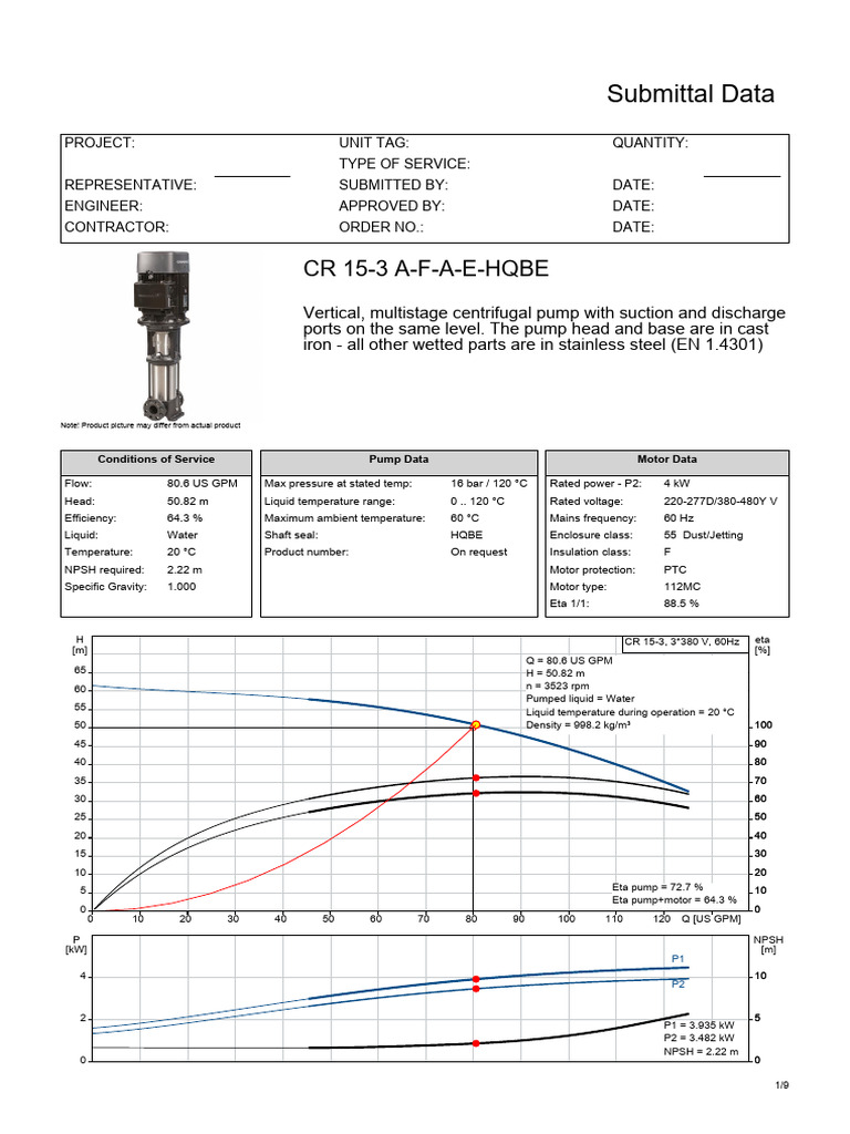CR 15-3 A-F-A-E-HQBE Pump Specifications | PDF | Pump | Mains Electricity
