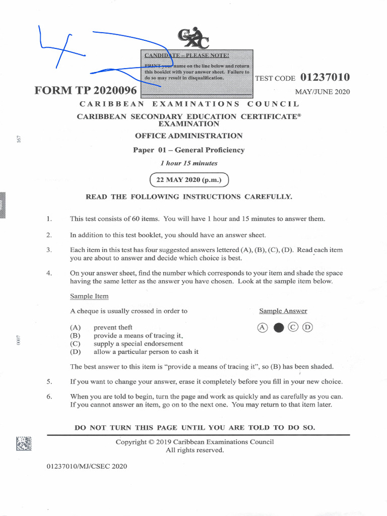 CSEC Office Administration P1 2020 MJ | PDF