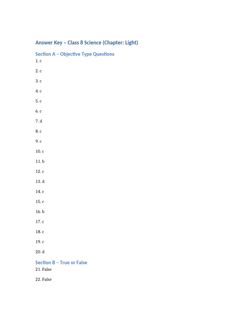Class 8 Science: Light Answer Key | PDF