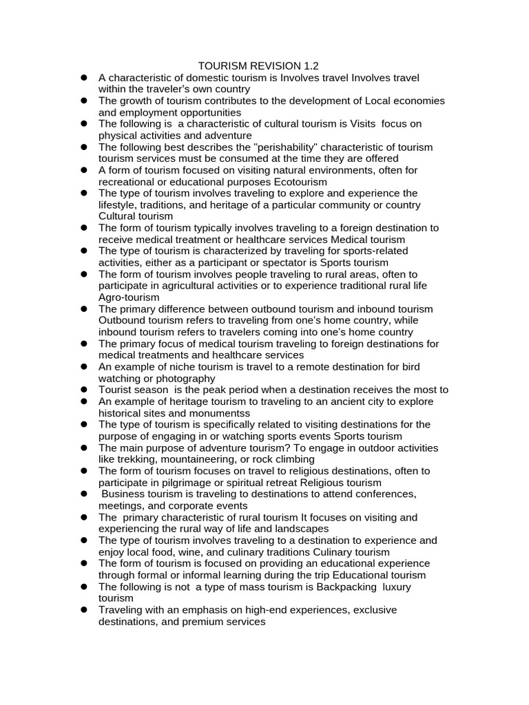 Tourism Revision Year 10 1.2 | PDF | Tourism | Outdoor Recreation