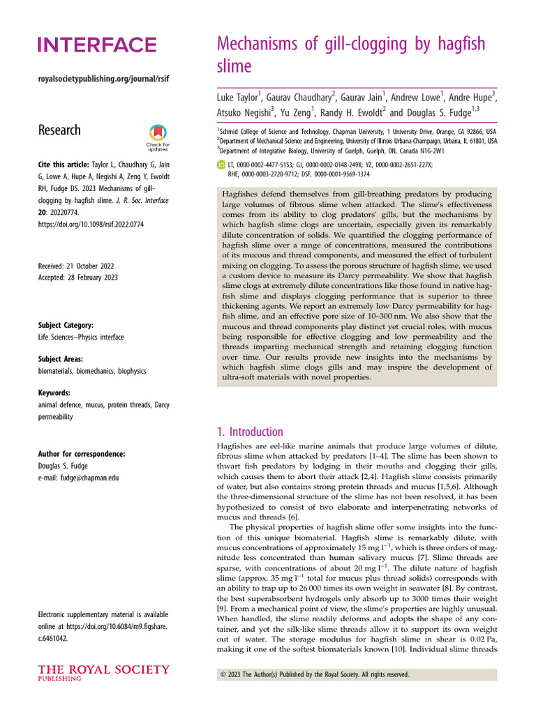 Mechanisms of Gill-Clogging by Hagfish Slime | PDF | Mucus | Elasticity (Physics)