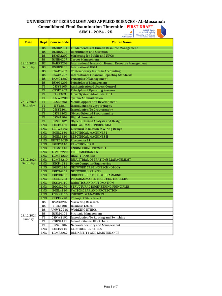 Consolidated Final Examination Timetable SEM I - 2024-25 First Draft | PDF | Engineering ...