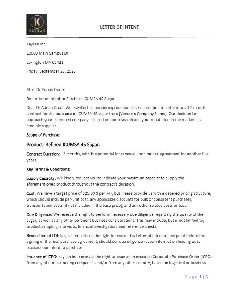 LOI for ICUMSA 45 Sugar Dr Adnan Doubi | PDF | Due Diligence