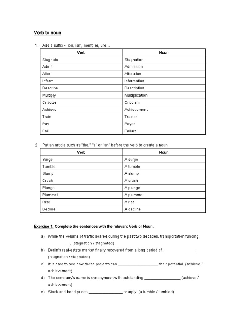 Converting Verbs to Nouns Worksheet | PDF