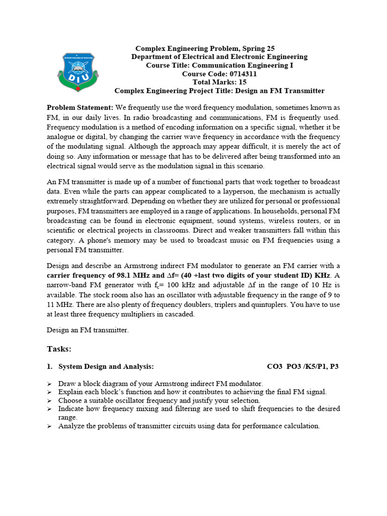 EEE 311 CEP Problem Statement Spring25 | PDF | Frequency Modulation | Transmitter