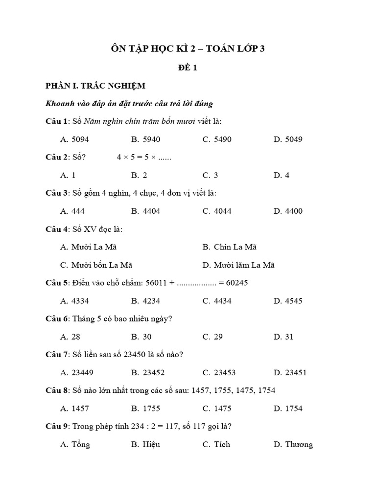 ĐỀ ÔN TẬP HK2 TOÁN 3 | PDF