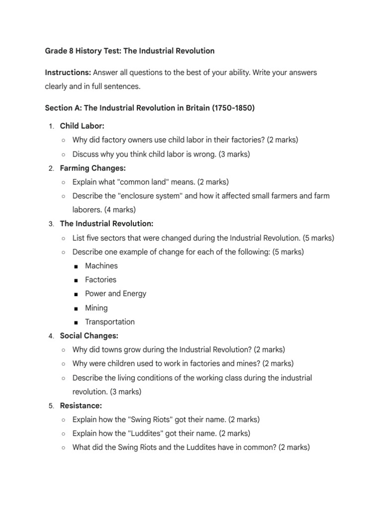 Grade 8 History Test - The Industrial Revolution | PDF | Industrial ...
