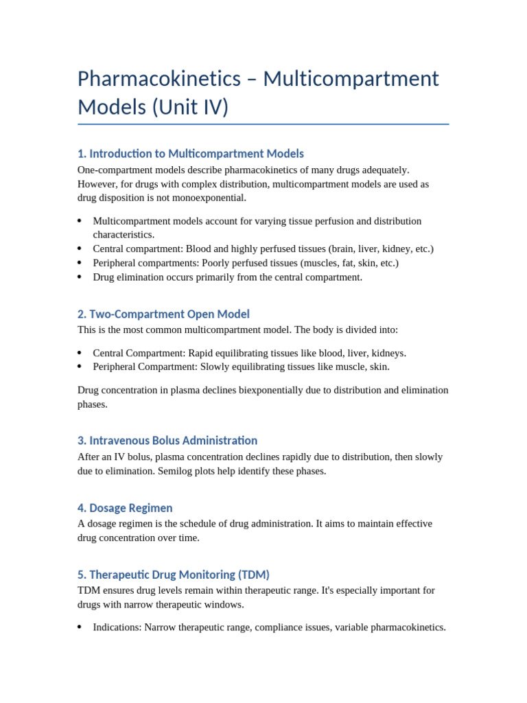 Pharmacokinetics Unit IV Multicompartment Models | PDF | Pharmacokinetics | Therapy
