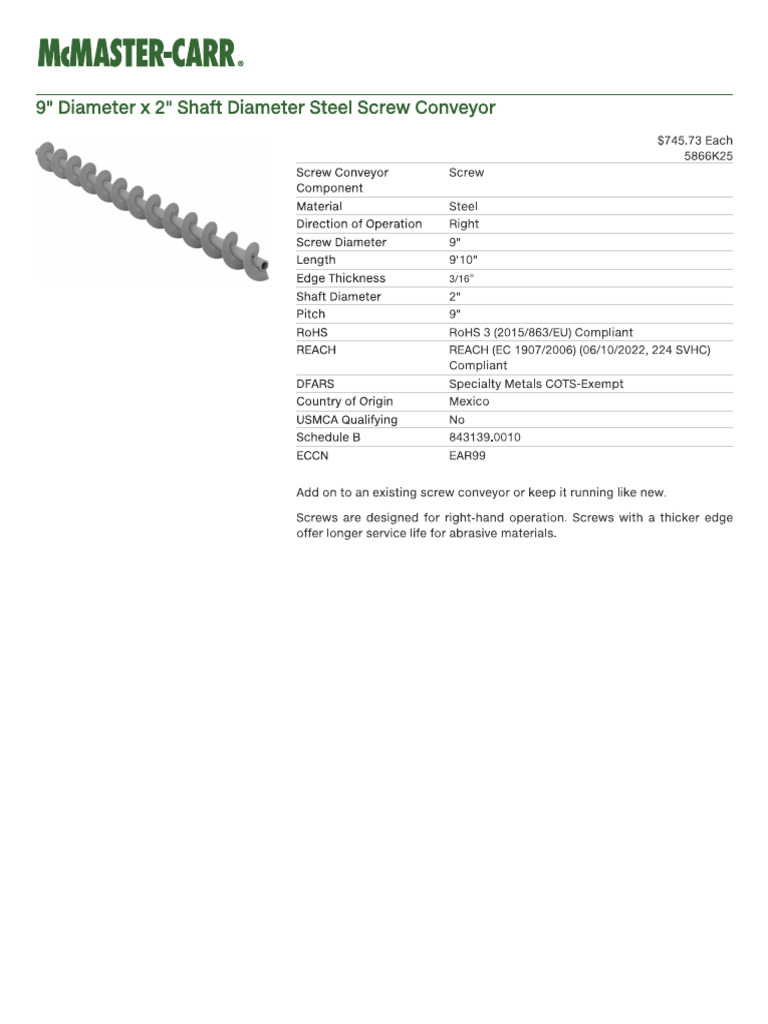 9 - Diameter X 2 - Shaft Diameter Steel Screw Conveyor - McMaster-Carr ...