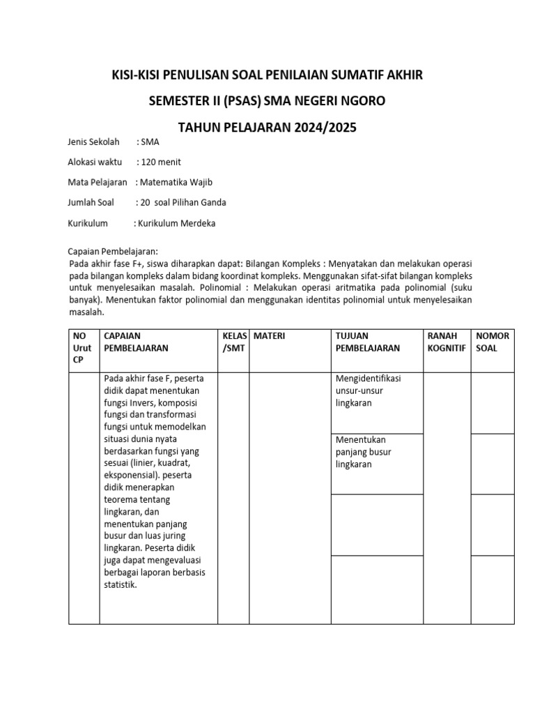 Kisi-Kisi Psat Xi 2025 MTK Wajib | PDF