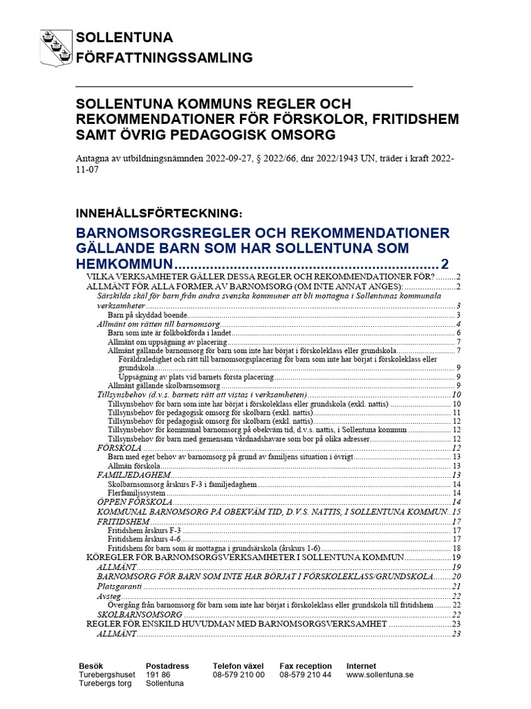 Sollentuna Kommuns Regler Och Rekommendationer For Forskolor Fritidshen Samt Ovrig Pedagogisk ...