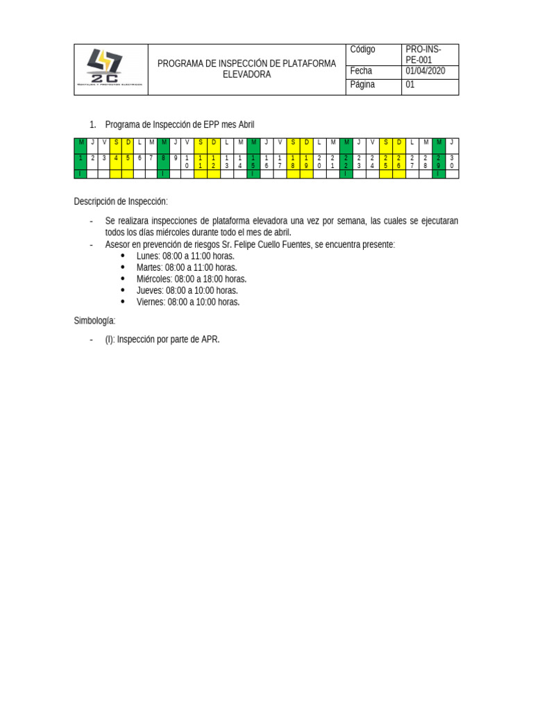 Programa Inspección Plataforma Elevadora | PDF