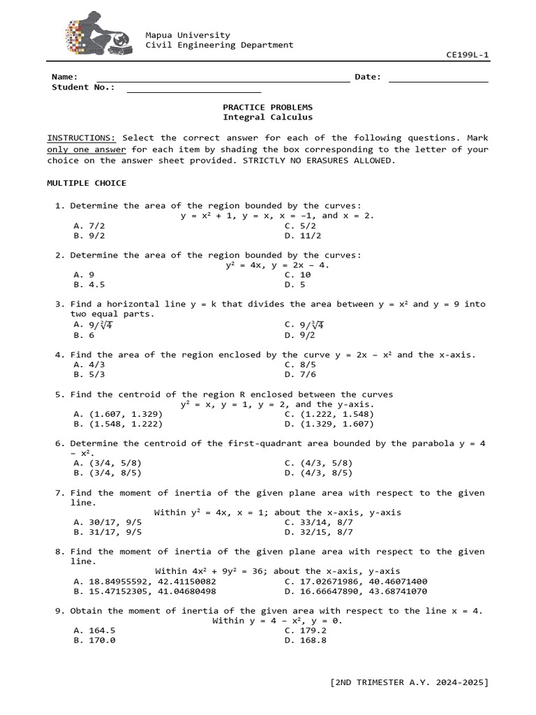 2T2425 C1 Int Calc (Practice) | PDF | Area | Geometry