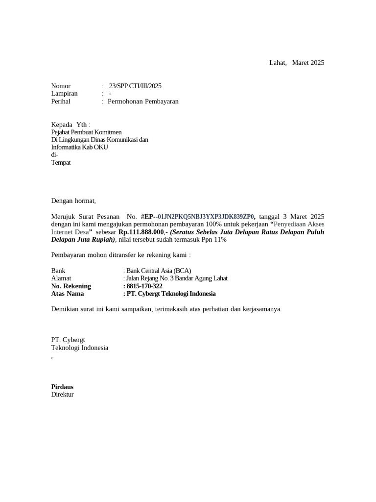 Termin 1 Surat Permohonan Pembayaran | PDF