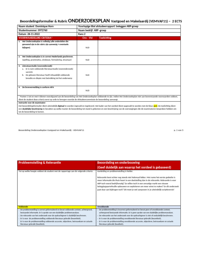 Onderzoeksplan: Beoordelingsformulier & Rubric Vastgoed en Makelaardij ...