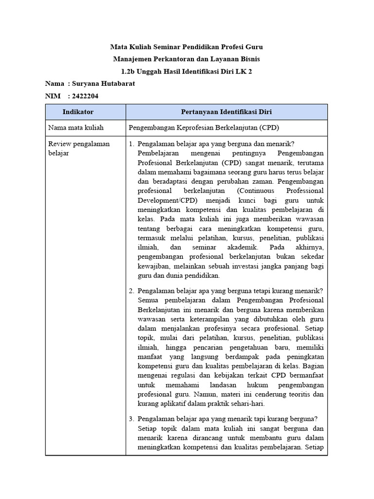 Jurnal Refleksi - Suryana Hutabarat - Mata Kuliah Selektif ...