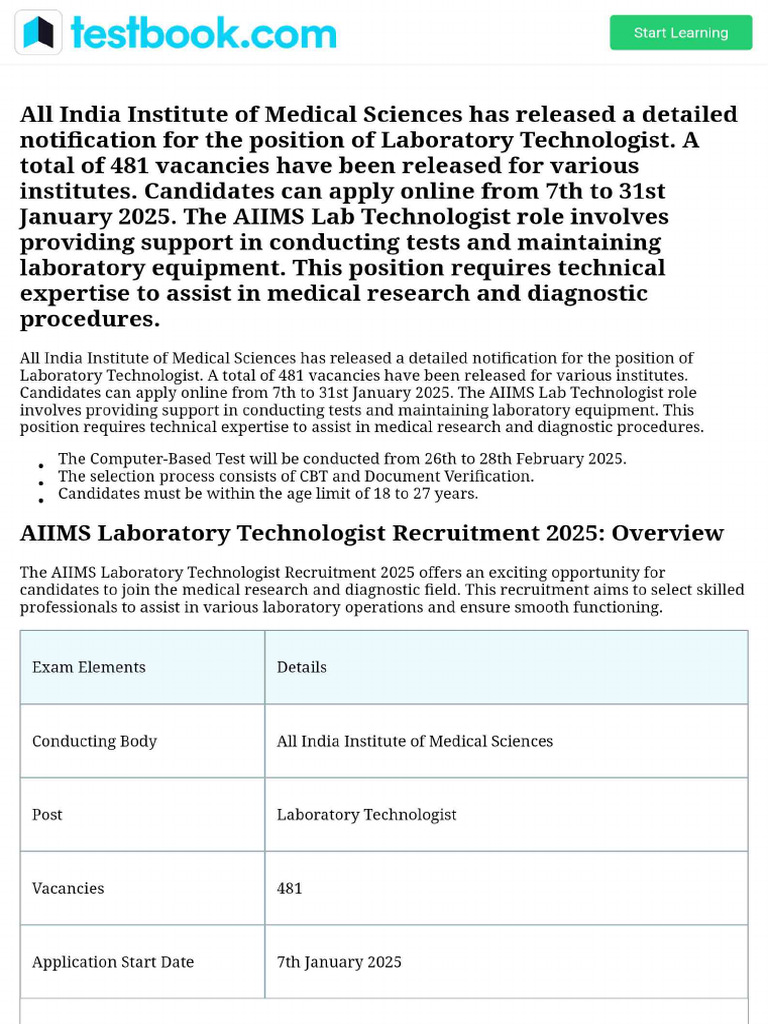 AIIMS Lab Technologist 2025exam Info | PDF