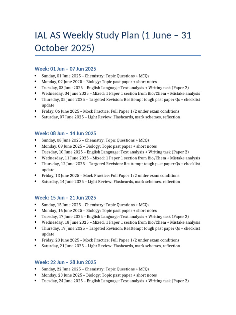 IAL AS Full Weekly Study Chart | PDF