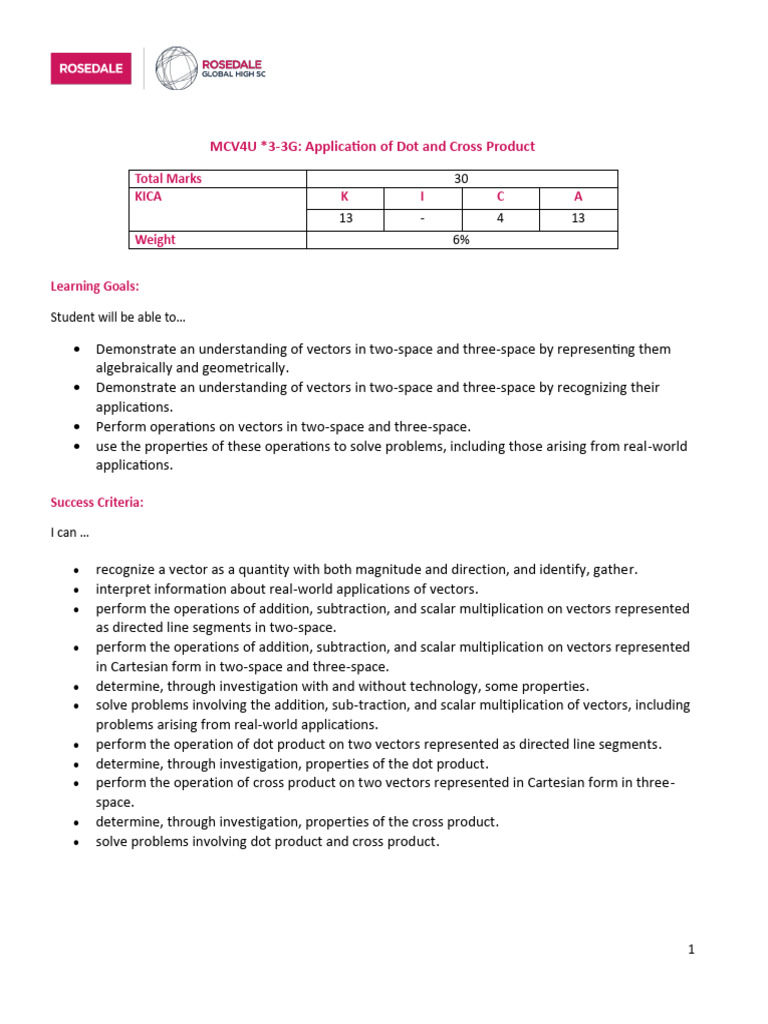 MCV4U 3-3G - Application of Dot and Cross Product | PDF | Euclidean Vector | Multiplication