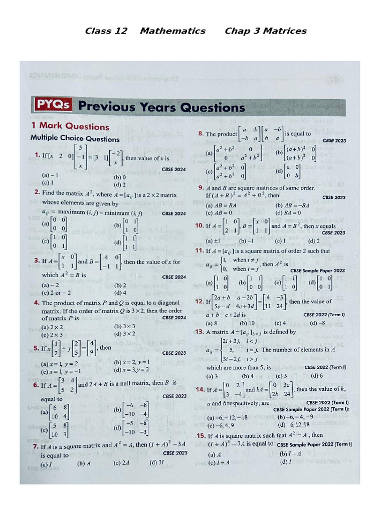XII Maths Matrices | PDF
