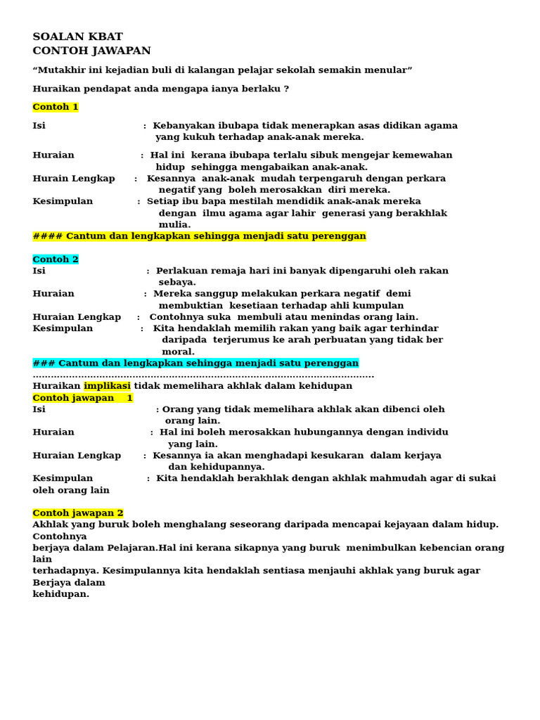 Contoh Jawapan Kbat Akhlak Terpuji | PDF