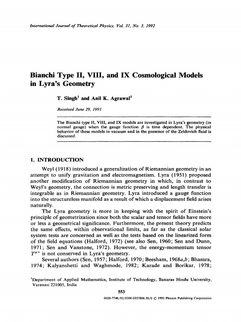 Bianchi Type II, VIII, and IX Cosmological Models in Lyra's Geometry | PDF | Differential ...