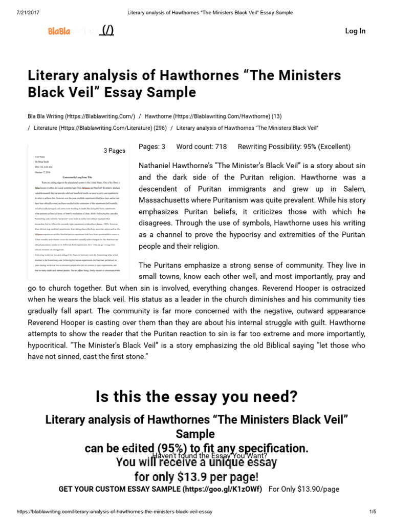 Literary analysis of Hawthornes _The Ministers Black Veil_ Essay Sample ...