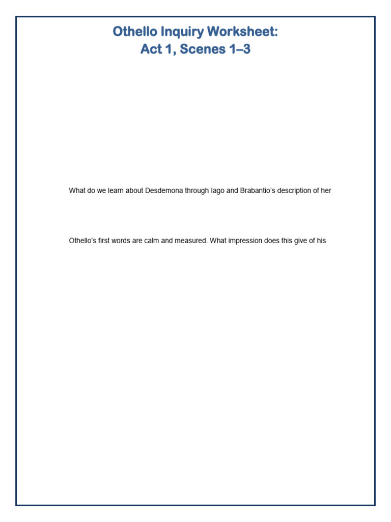 Othello Act 1 SC 1-3 Worksheet | PDF