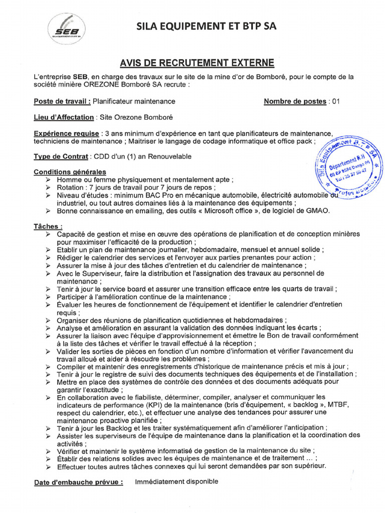 Avis Recrutement Planinicateur Maintenance | PDF
