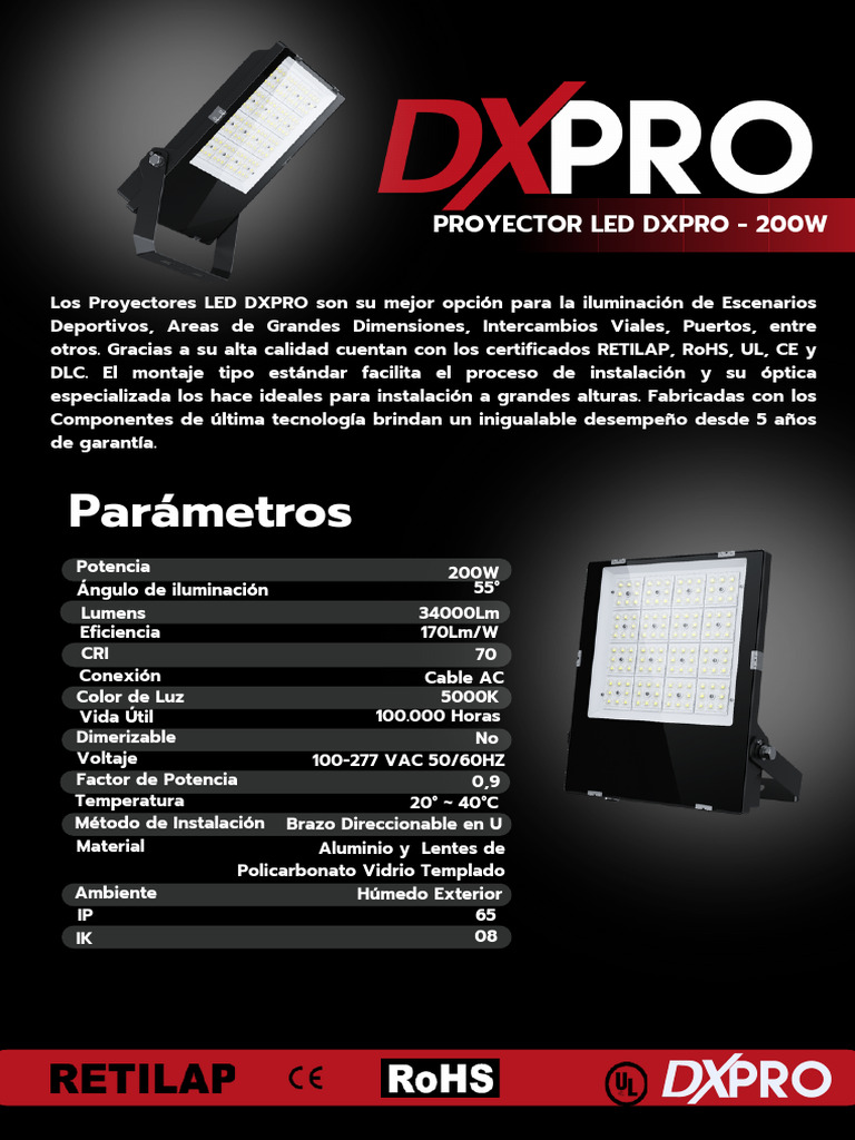 1 - Ficha Técnica - Proyector LED DXPRO - 200W G2 | PDF