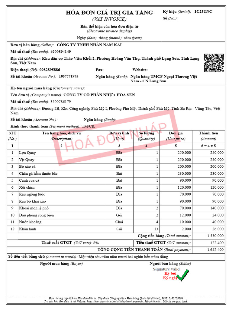 Hóa Đơn Giá Trị Gia Tăng: (Vat Invoice) | PDF